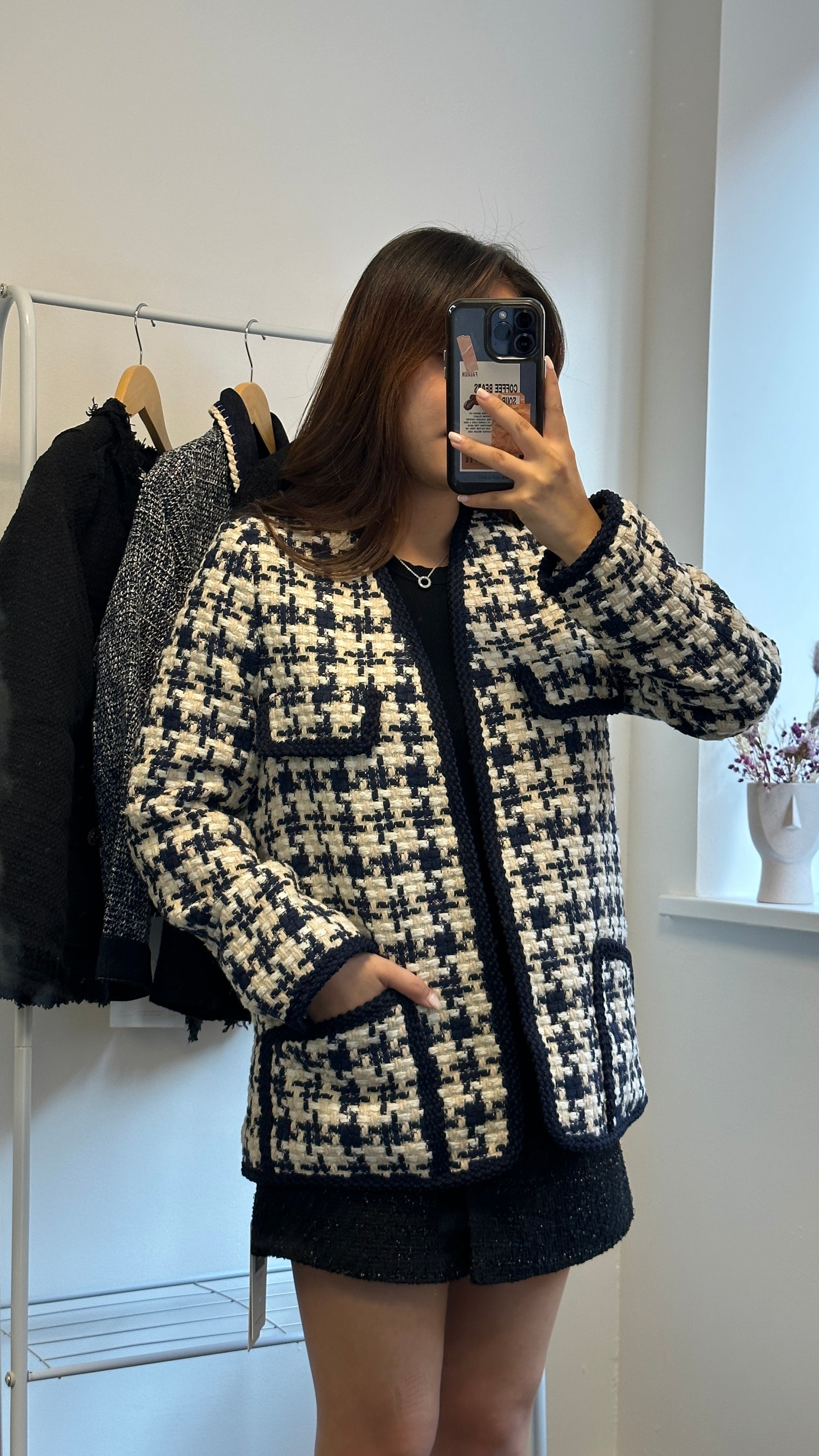 Elegant Houndstooth Tweed Boucle Blazer Jacket - Trendy Vintage Style – Daisyclothinguk